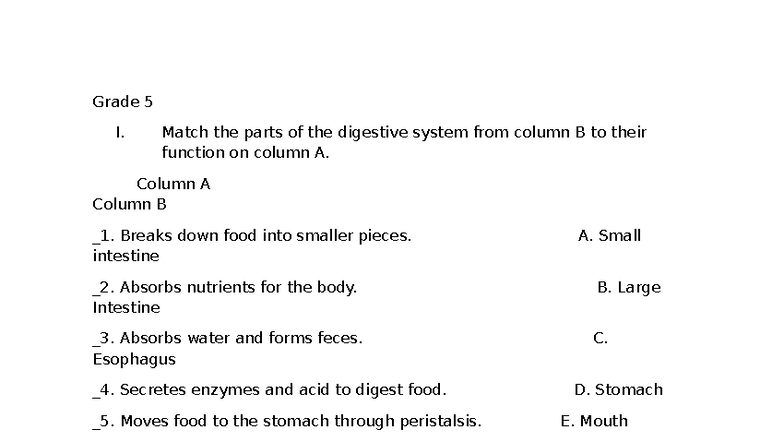 Grade 5 Science: Digestive, Respiratory & Reproductive Systems - Studocu
