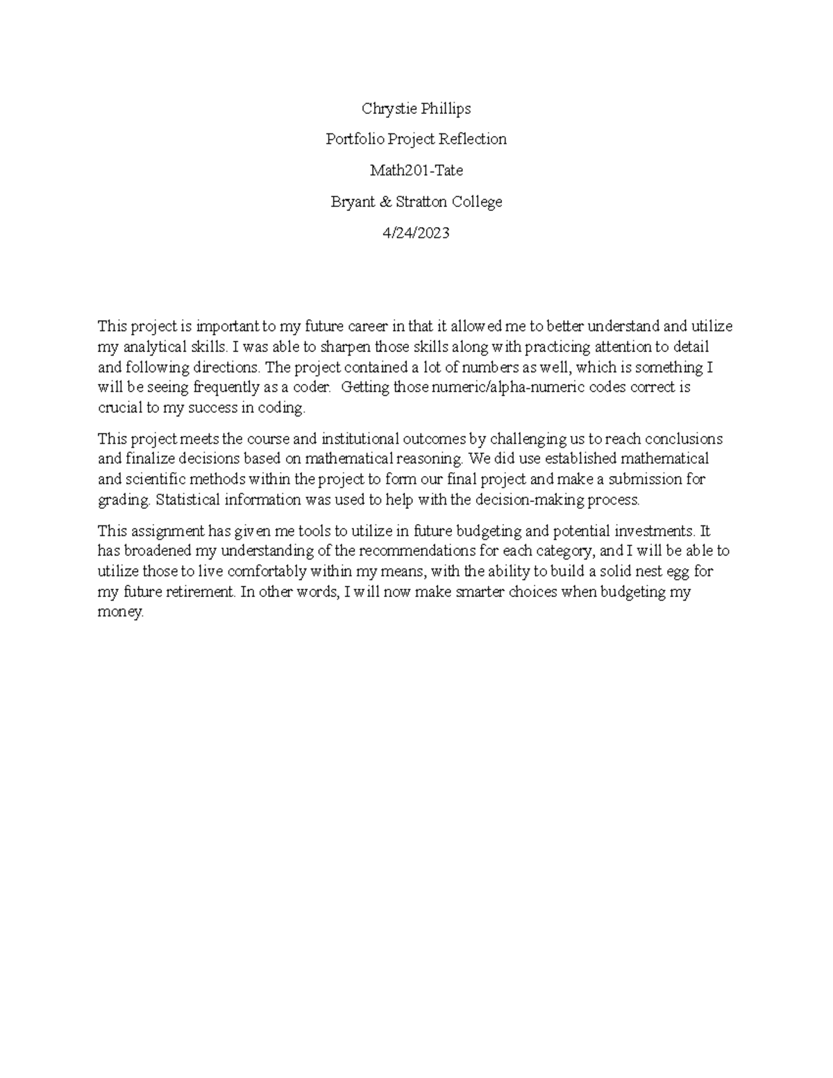 Math201-Portfolio Project Reflection by Chrystie Phillips - Studocu