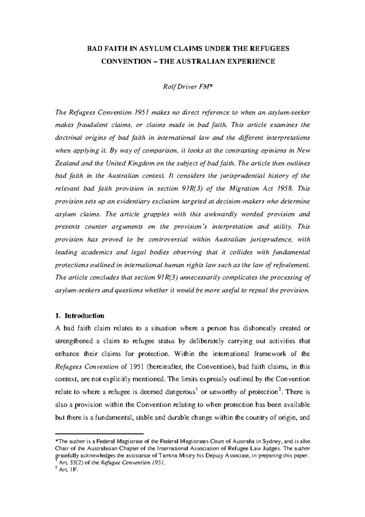 BAD FAITH IN ASYLUM CLAIMS: AUSTRALIAN CONTEXT & s.91R(3) ANALYSIS ...