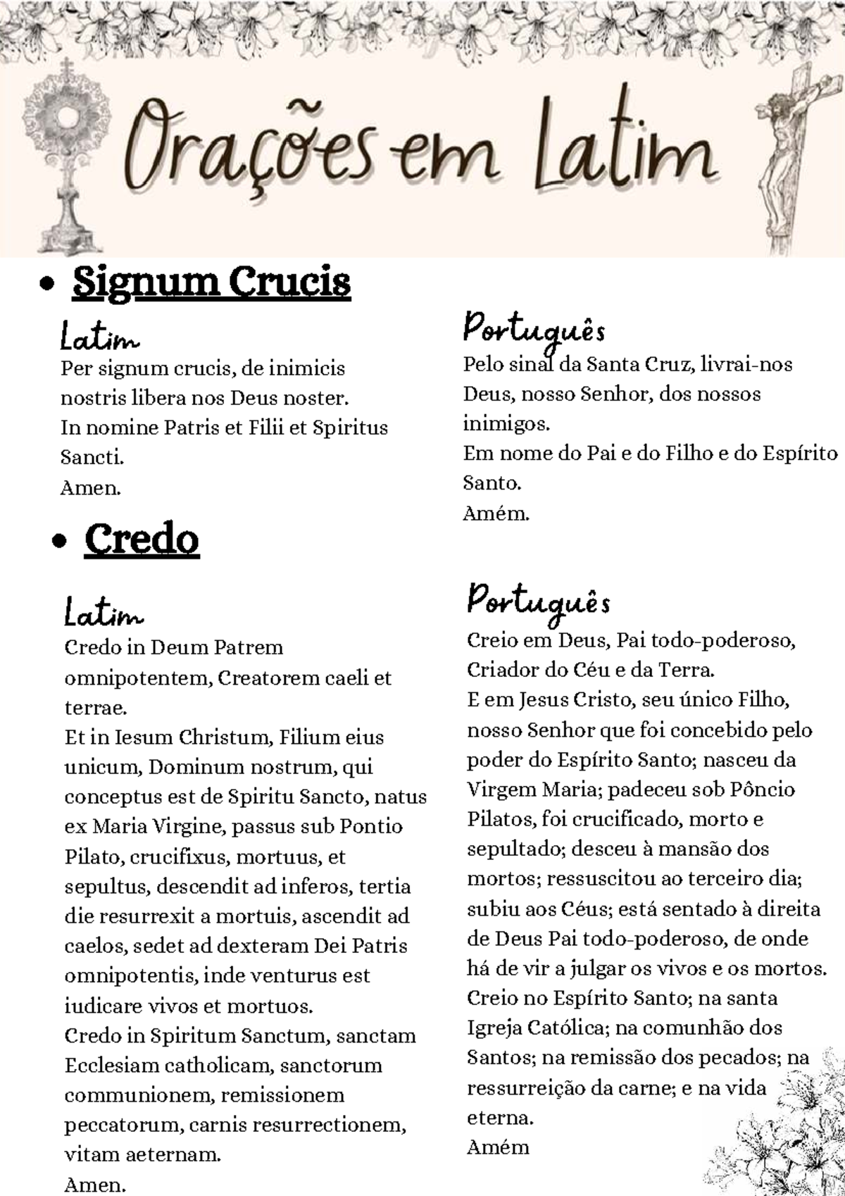 Orações em Latim e Português: Signum Crucis, Credo, Angelus, Pater ...