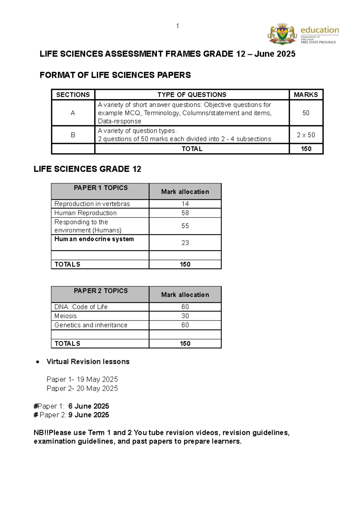 LFSC Gr 12 Life Sciences Assessment Frame June 2025 P1 & P2 - Studocu