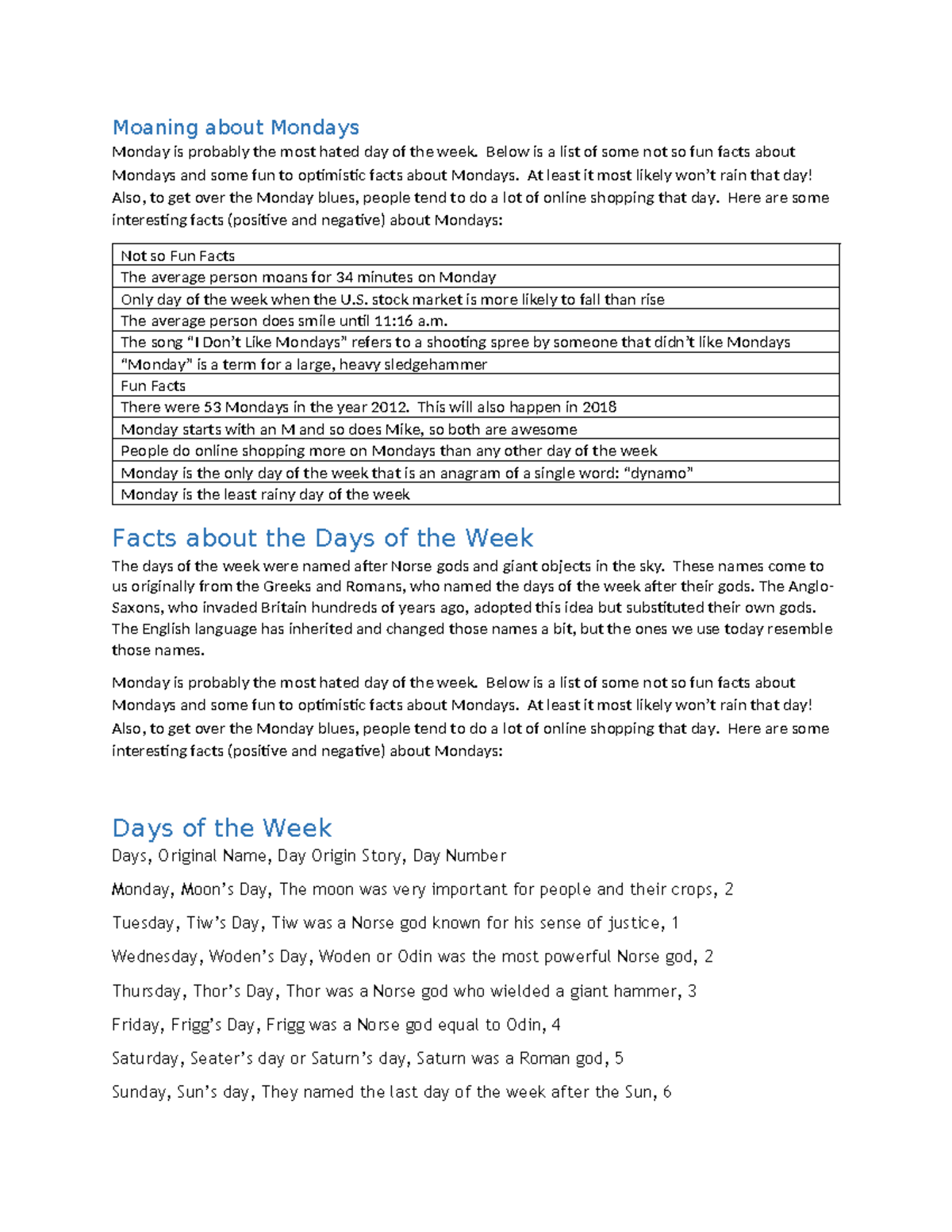 Fun and Interesting Facts About Mondays and the Weekdays (ENG 101 ...