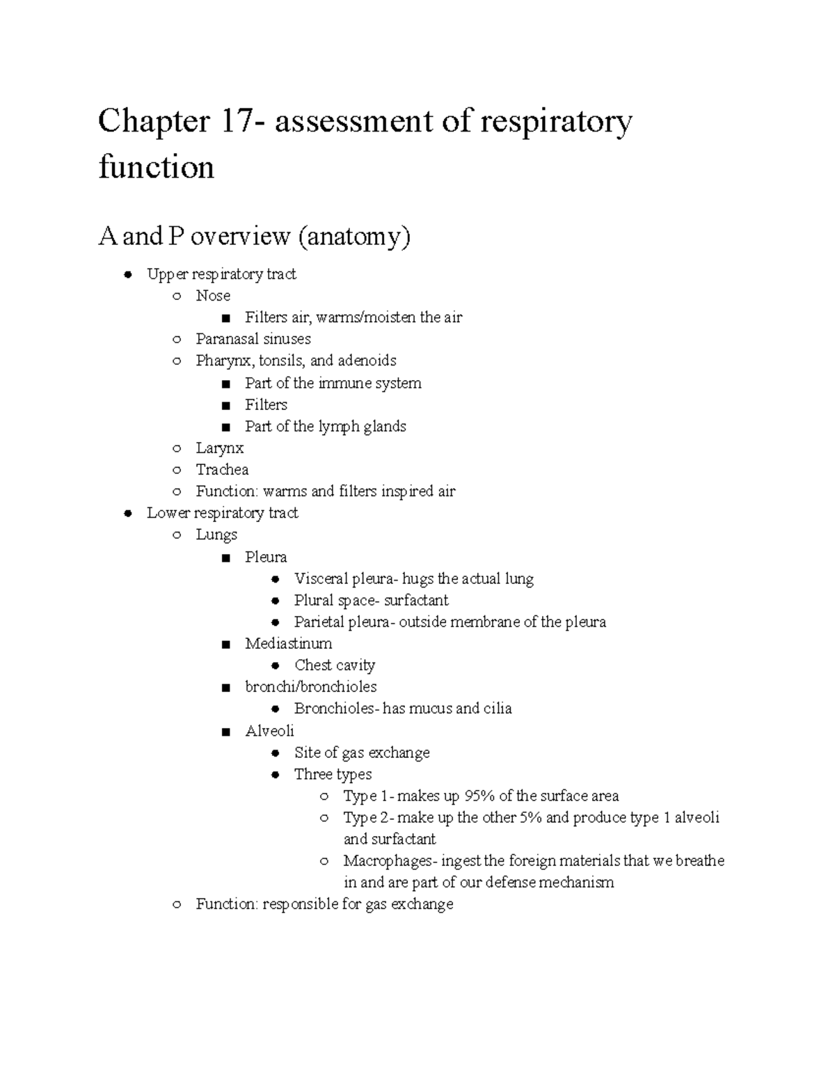 Chapter 17: Assessment of Respiratory Function and A&P Overview - Studocu