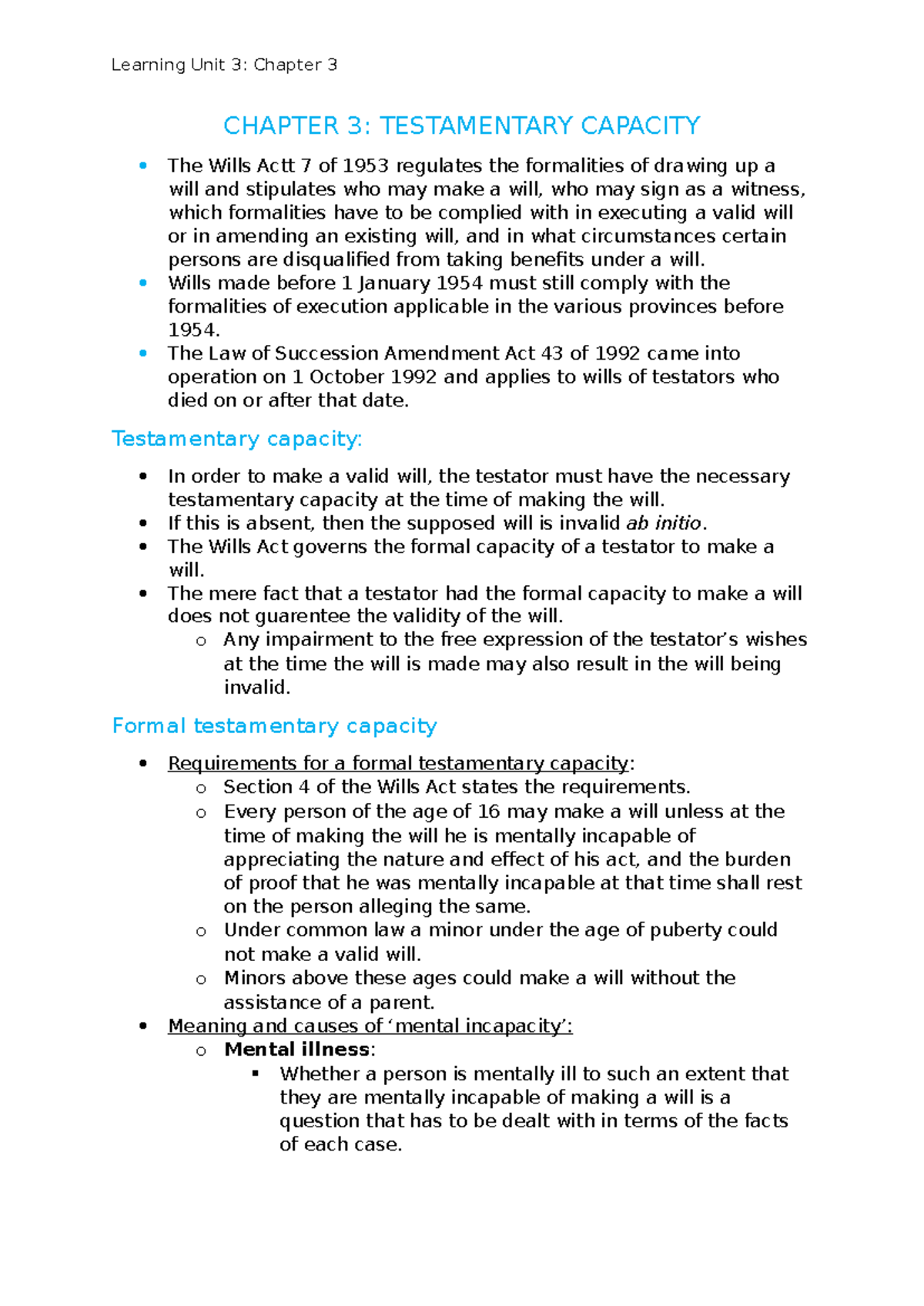 Learning Unit 3: Chapter 3 - Testamentary Capacity and Wills Act - Studocu