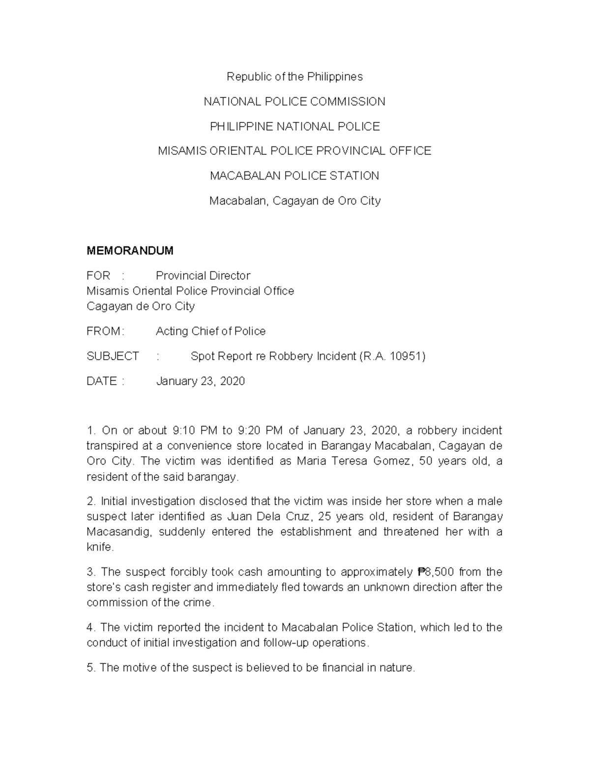 Spot Report: Robbery Incident Summary - R.A. 10951 - Studocu