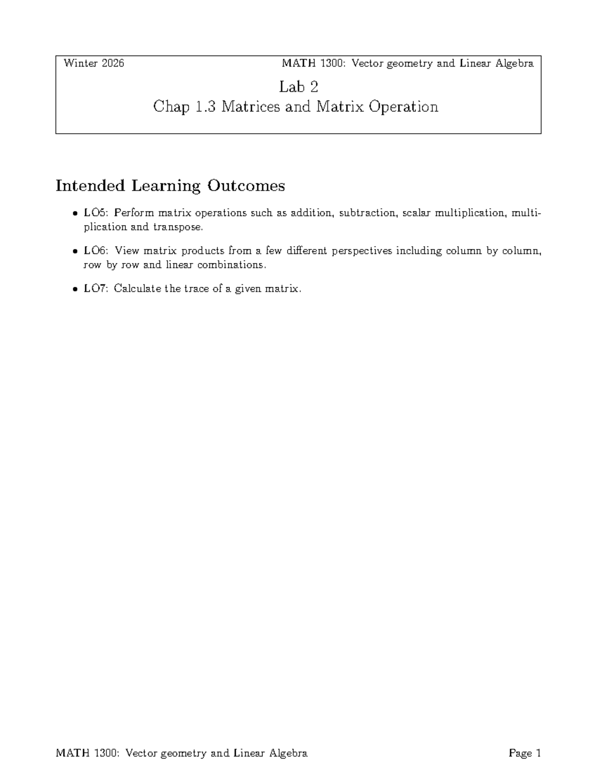 MATH 1300 Lab 2: Full Solutions for Matrices & Operations - Studocu