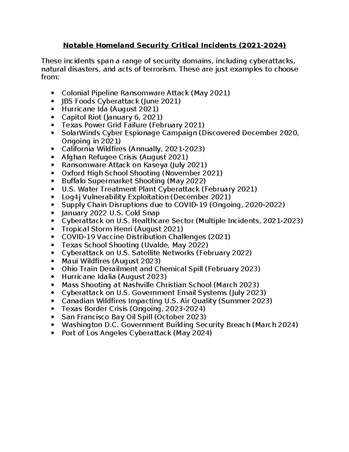 Notable Homeland Security Incidents (2021-2024) Analysis - Studocu