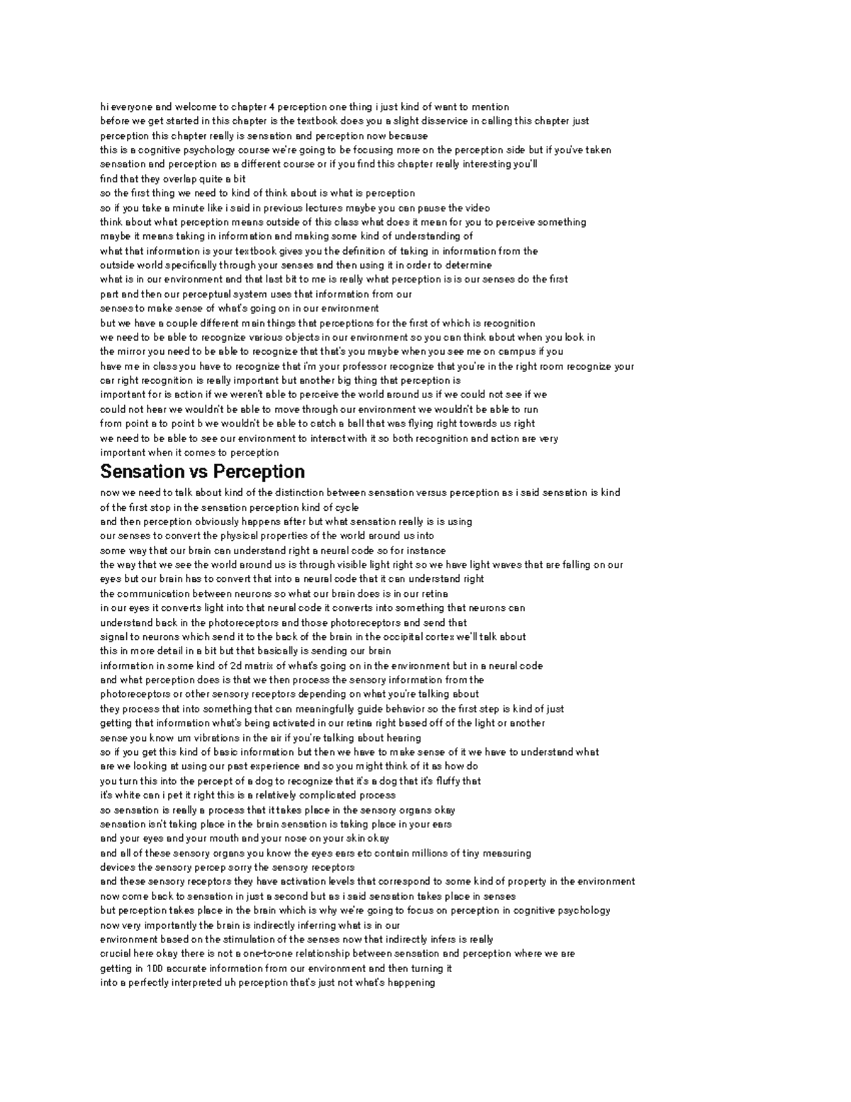 Cognitive Psychology Lecture Notes: Chapter 4 - Sensation & Perception ...