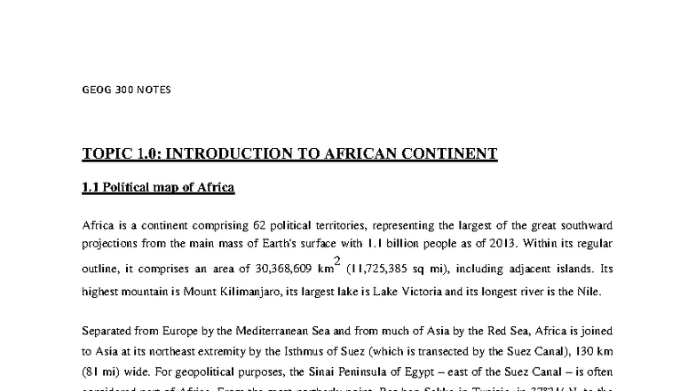 GEOG 300 NOTES: INTRODUCTION TO AFRICAN CONTINENT AND CLIMATE - Studocu