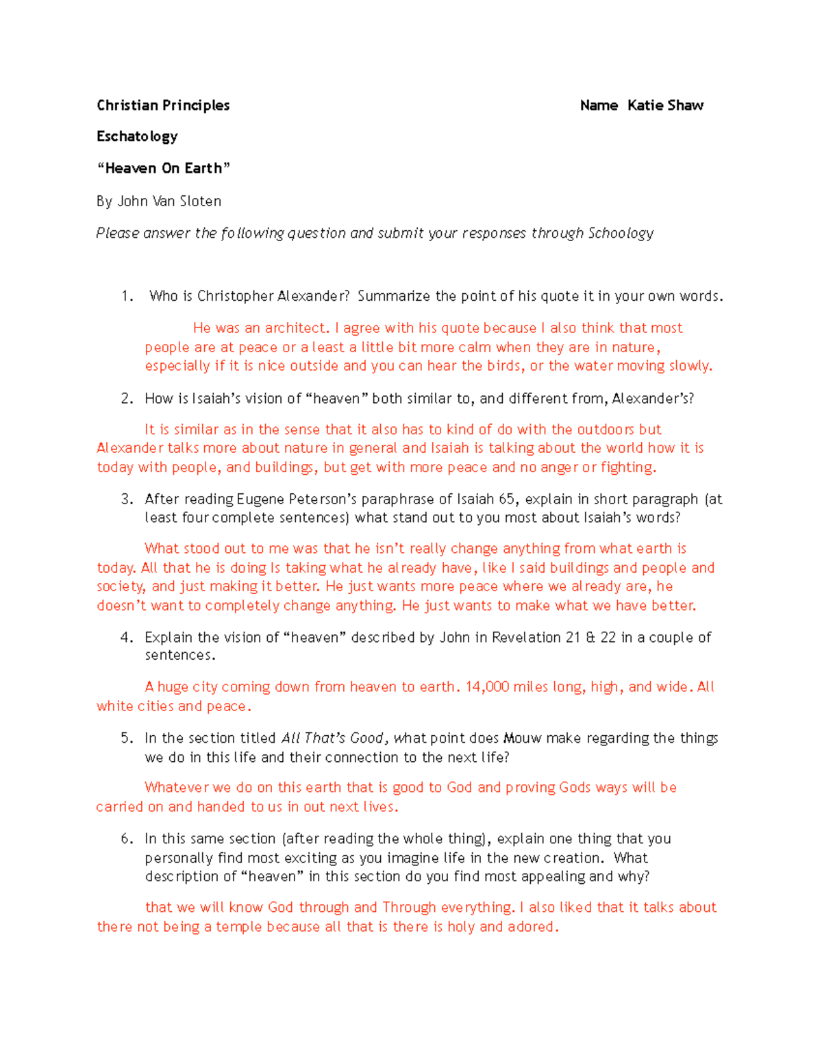 Christian Principles: Heaven on Earth Answers by Katie Shaw - Studocu