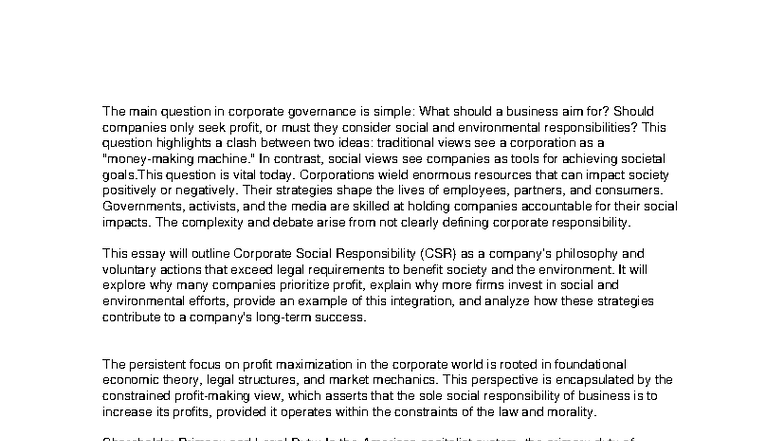 CSR Essay: Balancing Profit and Social Responsibility in Business - Studocu