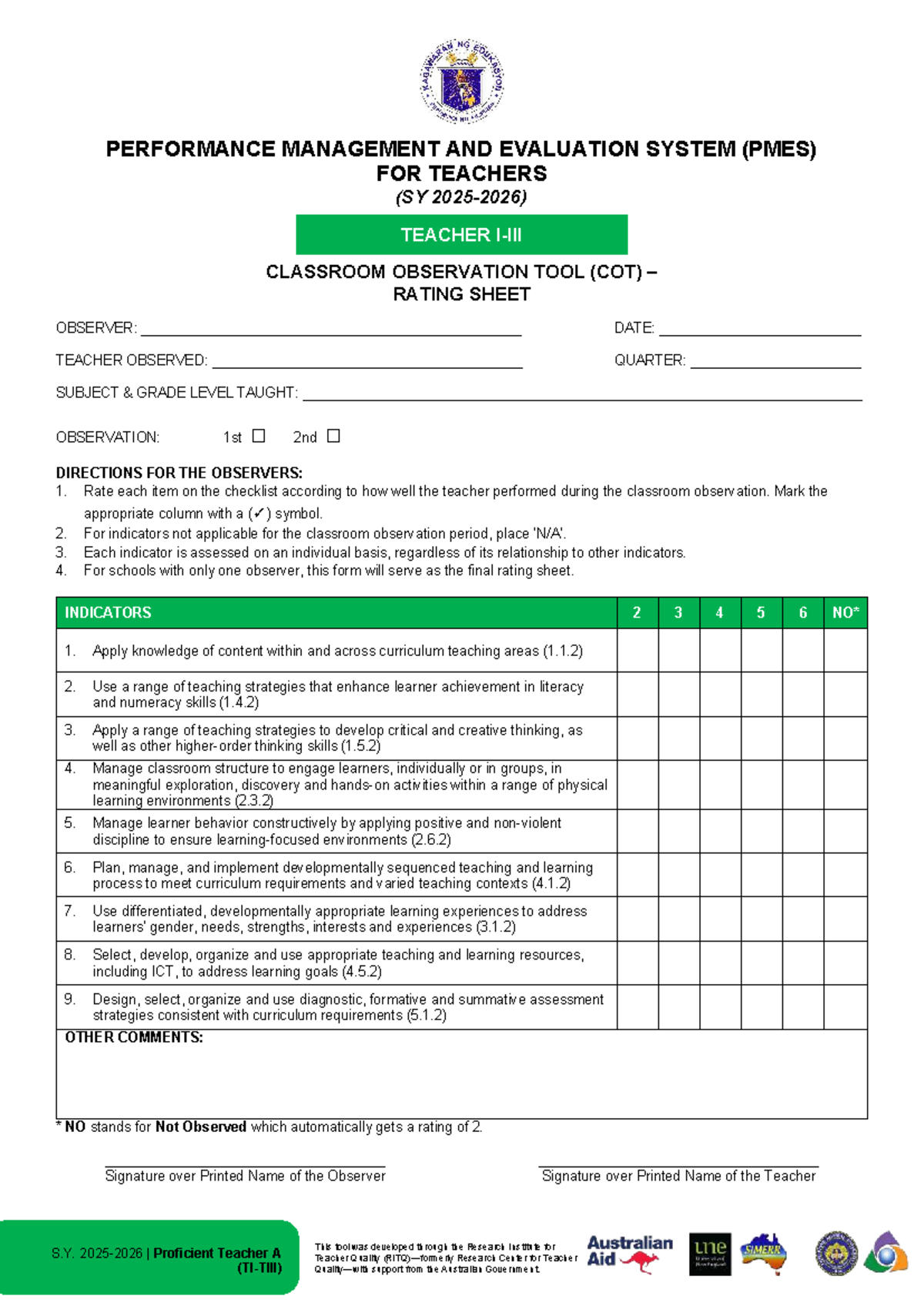 COT Rating Sheet for Proficient Teacher Evaluation (SY) - Studocu