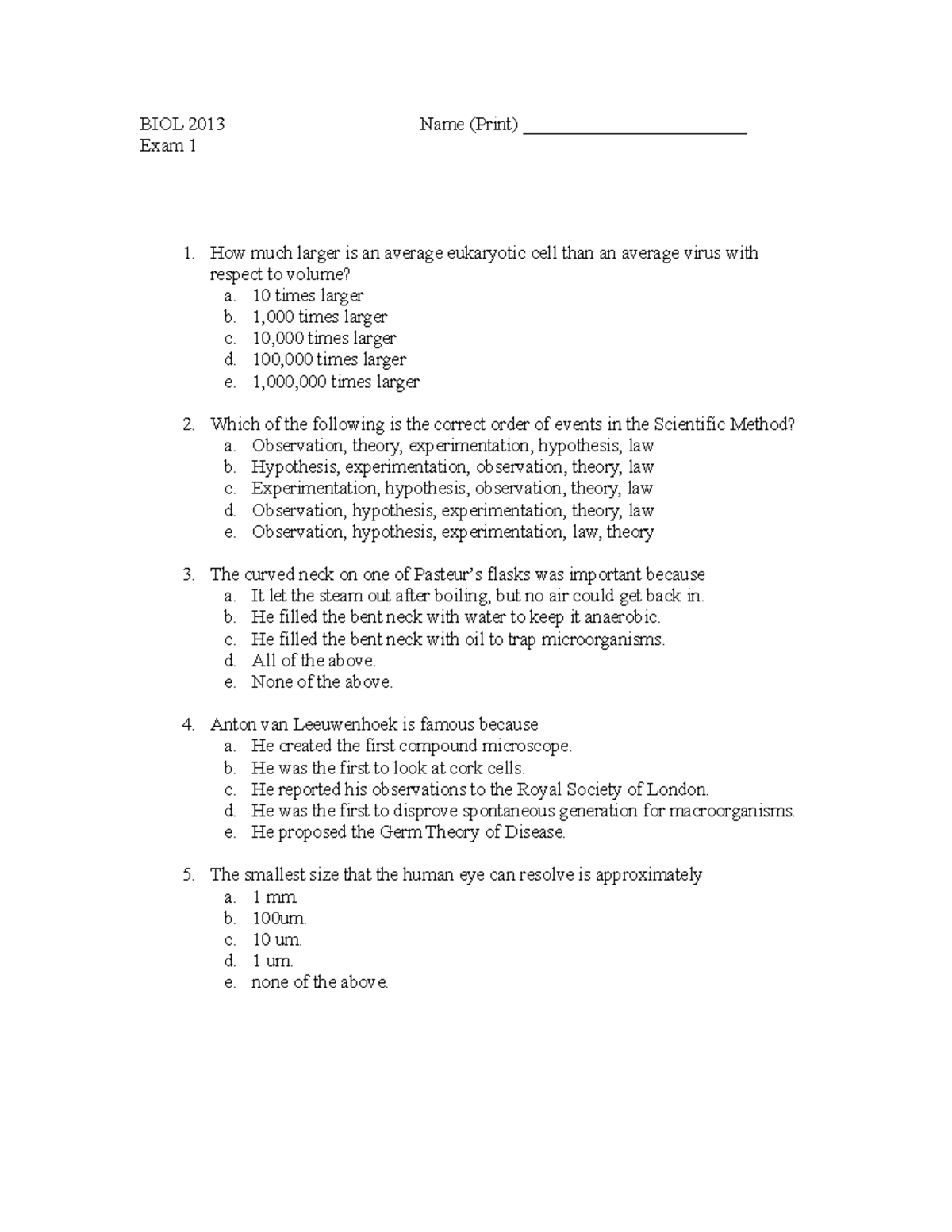 BIOL 2013 Exam 1 Review with Answer Key - Previous Version 2 - Studocu