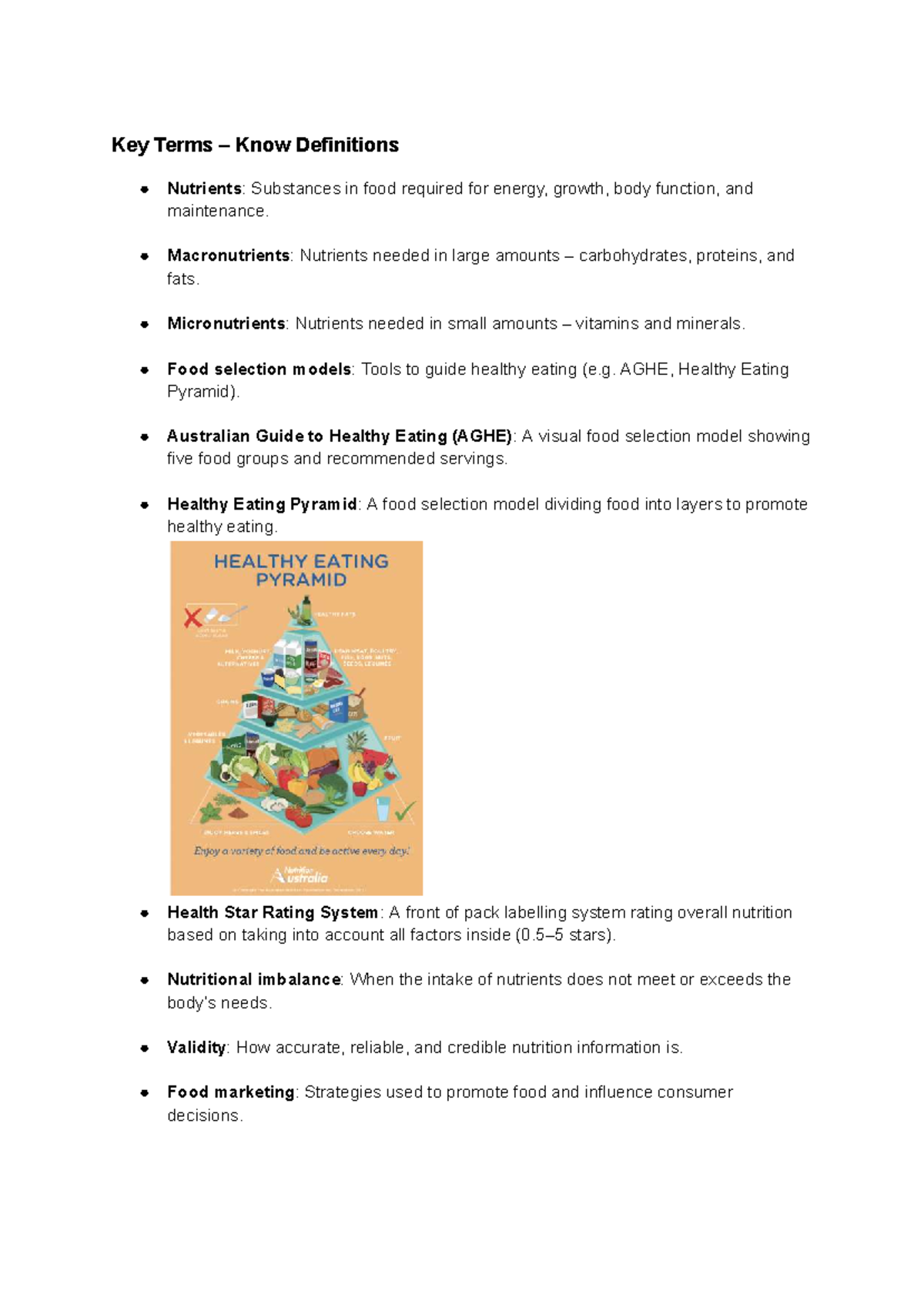HHD Unit 1 AOS 3 SAC Revision: Key Nutrients and Food Selection Models ...