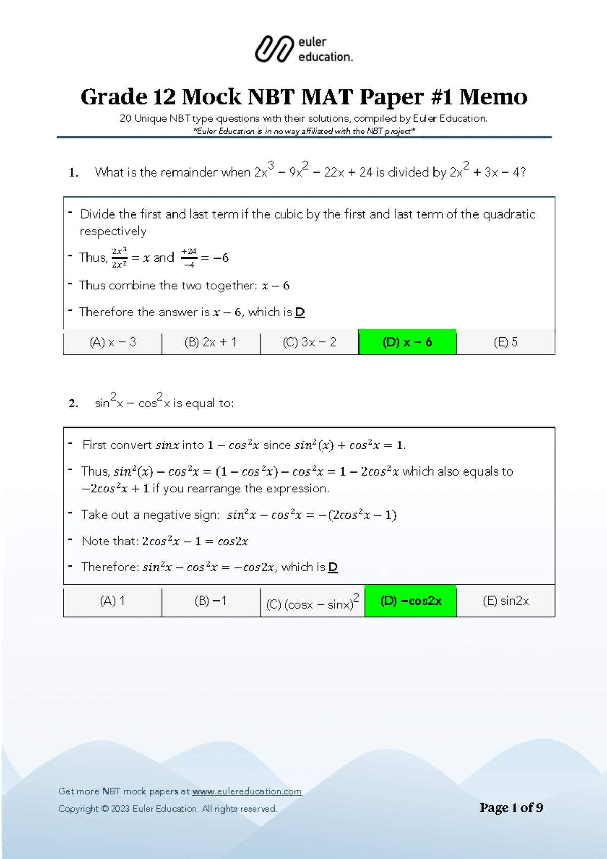 Grade 12 NBT MAT Mock Paper 1 Memo - Solutions Guide - Studocu