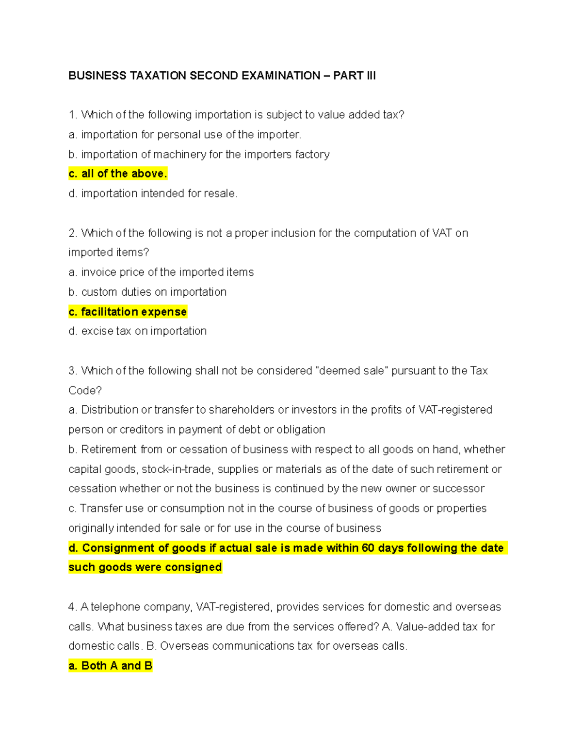 Business Taxation 2nd Exam - Part III: Key Concepts & Questions - Studocu