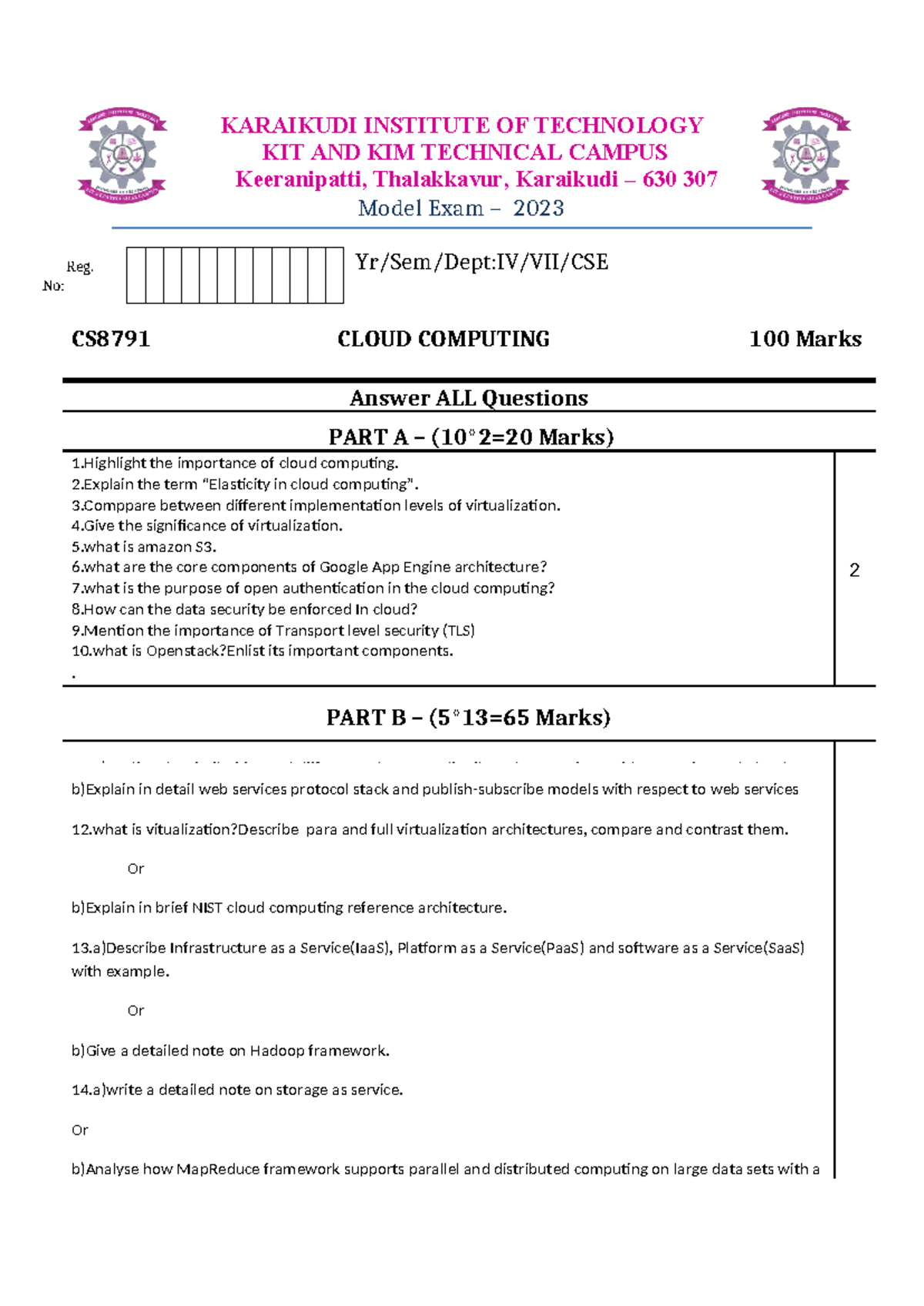 CC CS8791 Model Exam 2023: Cloud Computing Questions and Answers - Studocu