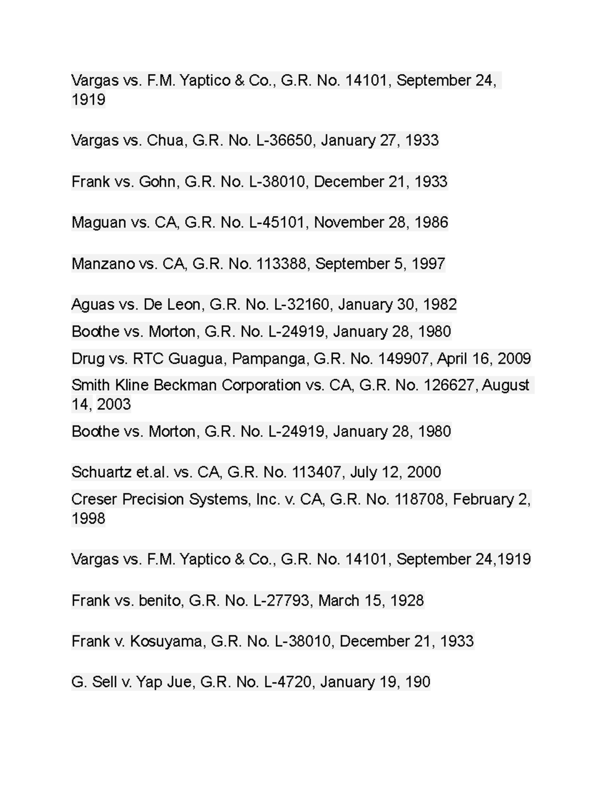 Handwritten CASE Digest - Vargas vs. F. Yaptico & Co., G. No. 14101 ...
