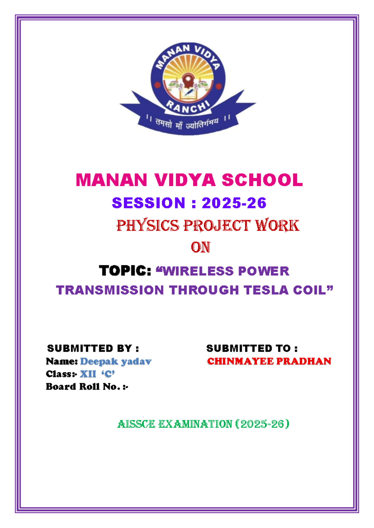 PHYSICS PROJECT XII: Wireless Power Transmission Through Tesla Coil ...