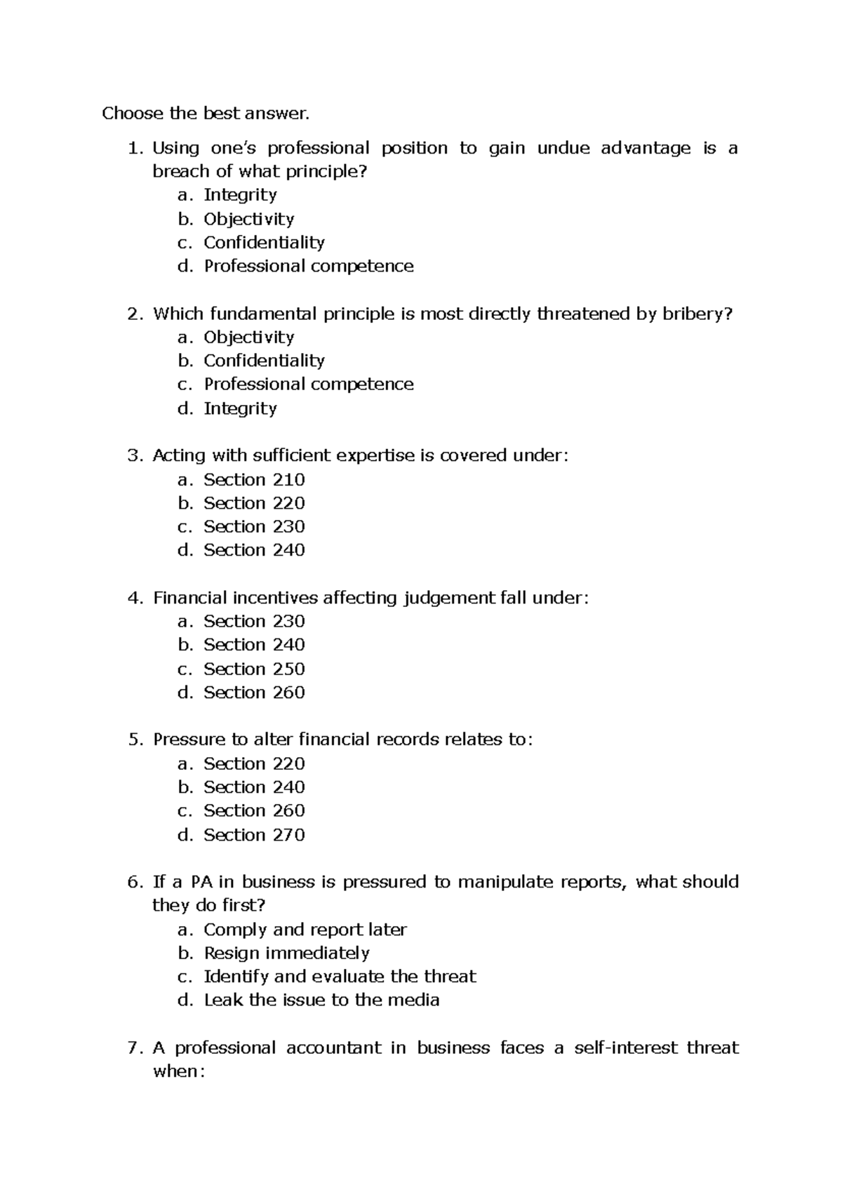 BBL A2 - Ethics and Professional Conduct Quiz Questions - Studocu