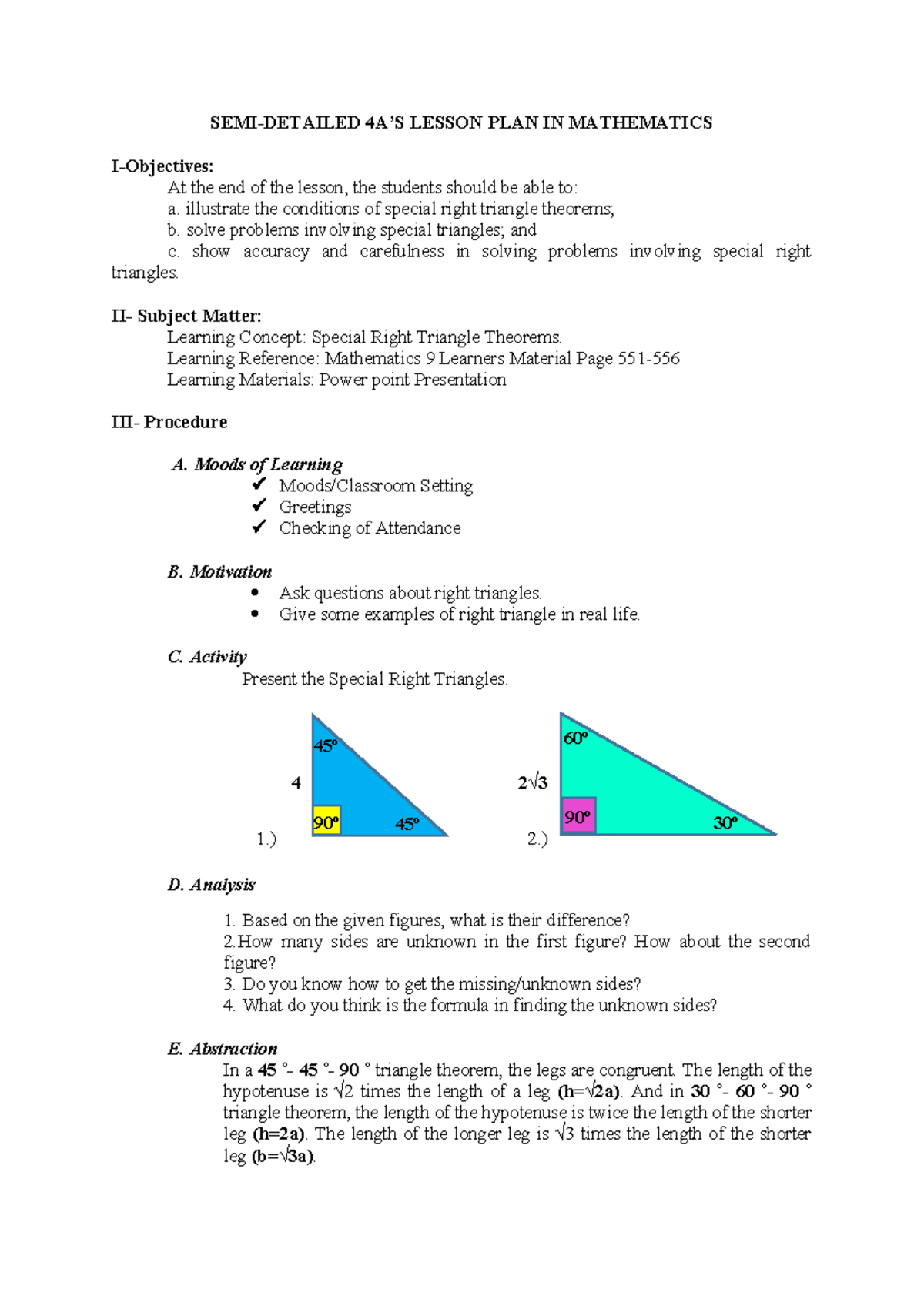 Mathematics 9 - Detailed Lesson Plan on Special Right Triangles - Studocu
