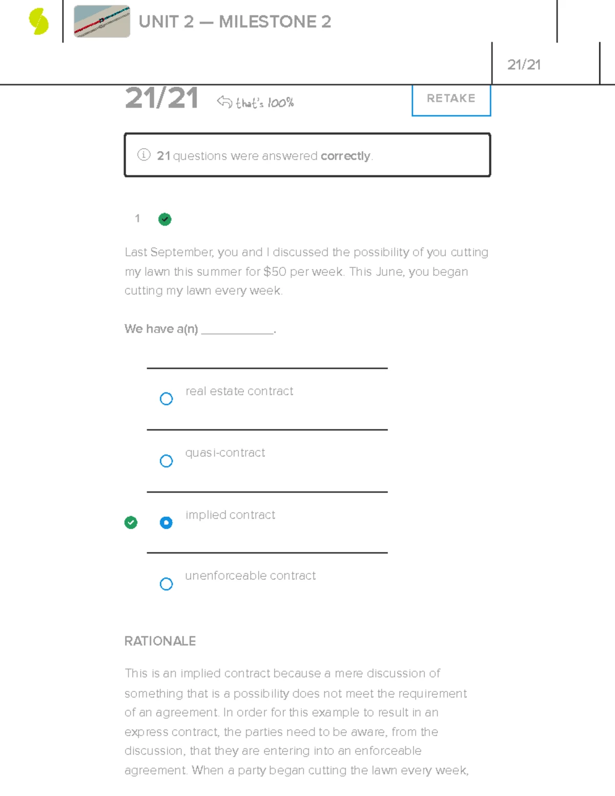BUS 206 Business Law I Milestone 2 Sophia 95% - 20/21 that's 95% RETAKE ...