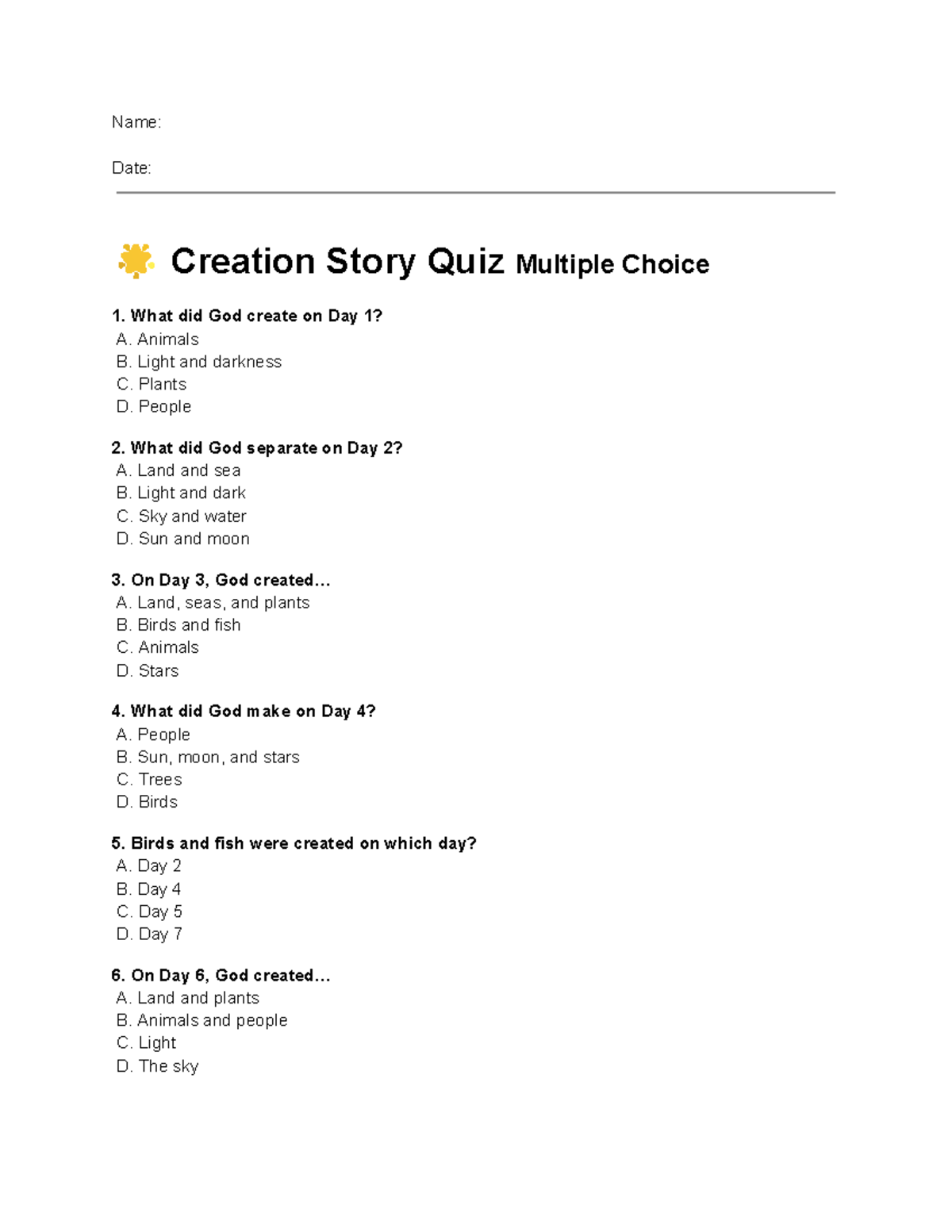 Creation Story Quiz: God's Creation Days Explained - Studocu