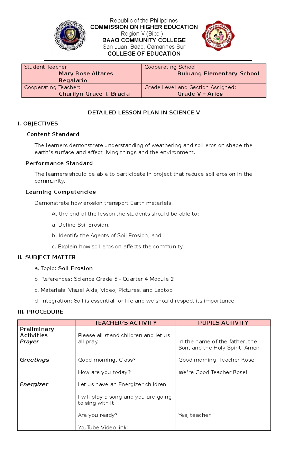 DLP Science V: Detailed Lesson Plan on Soil Erosion - Studocu