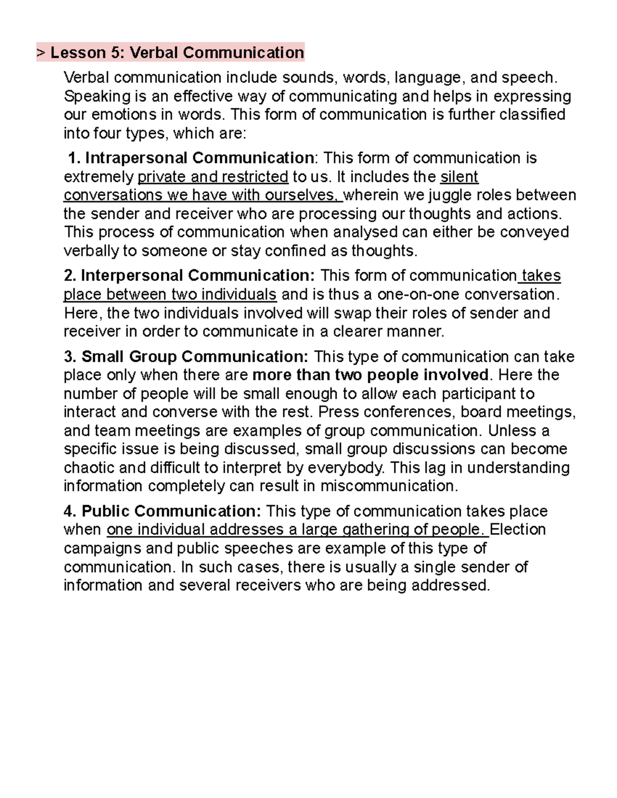 Verbal Communication - Lecture Notes on Types of Communication - Studocu