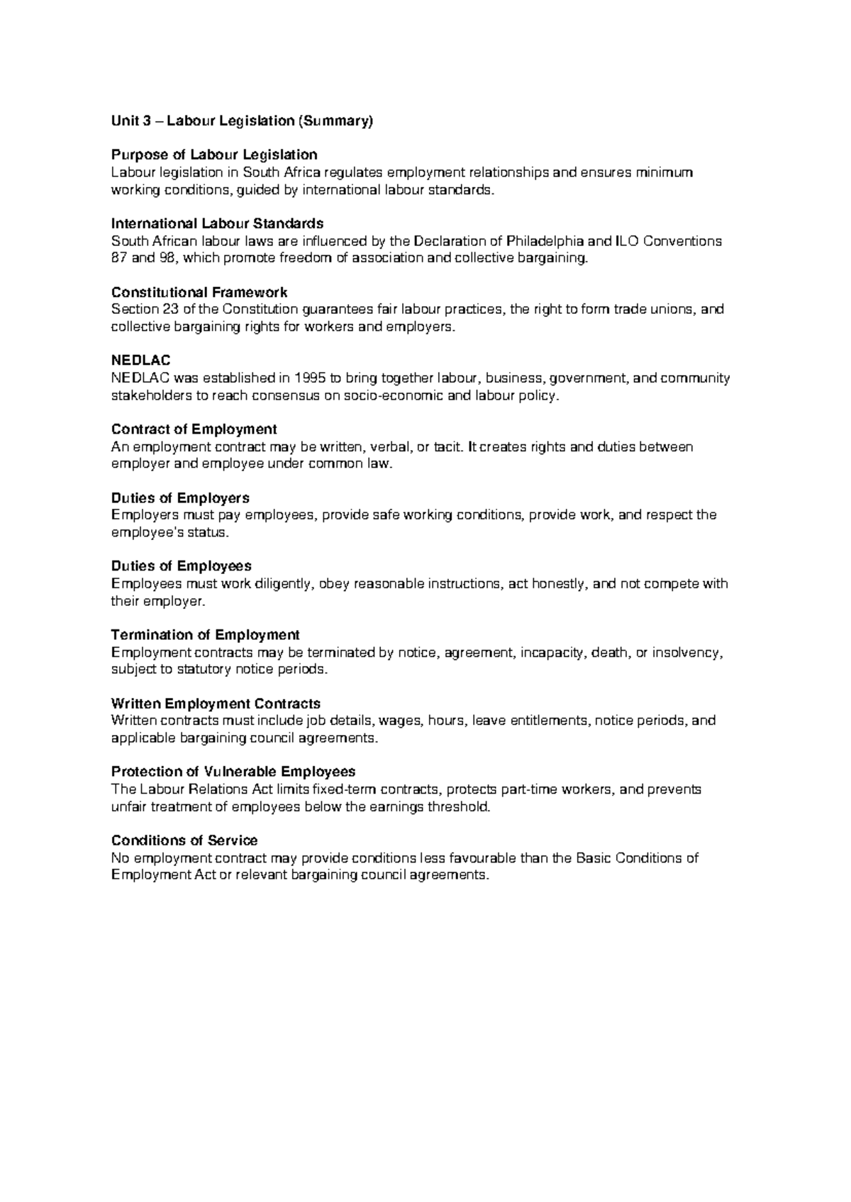 Unit 3 Labour Legislation Summary: Key Concepts and Framework - Studocu