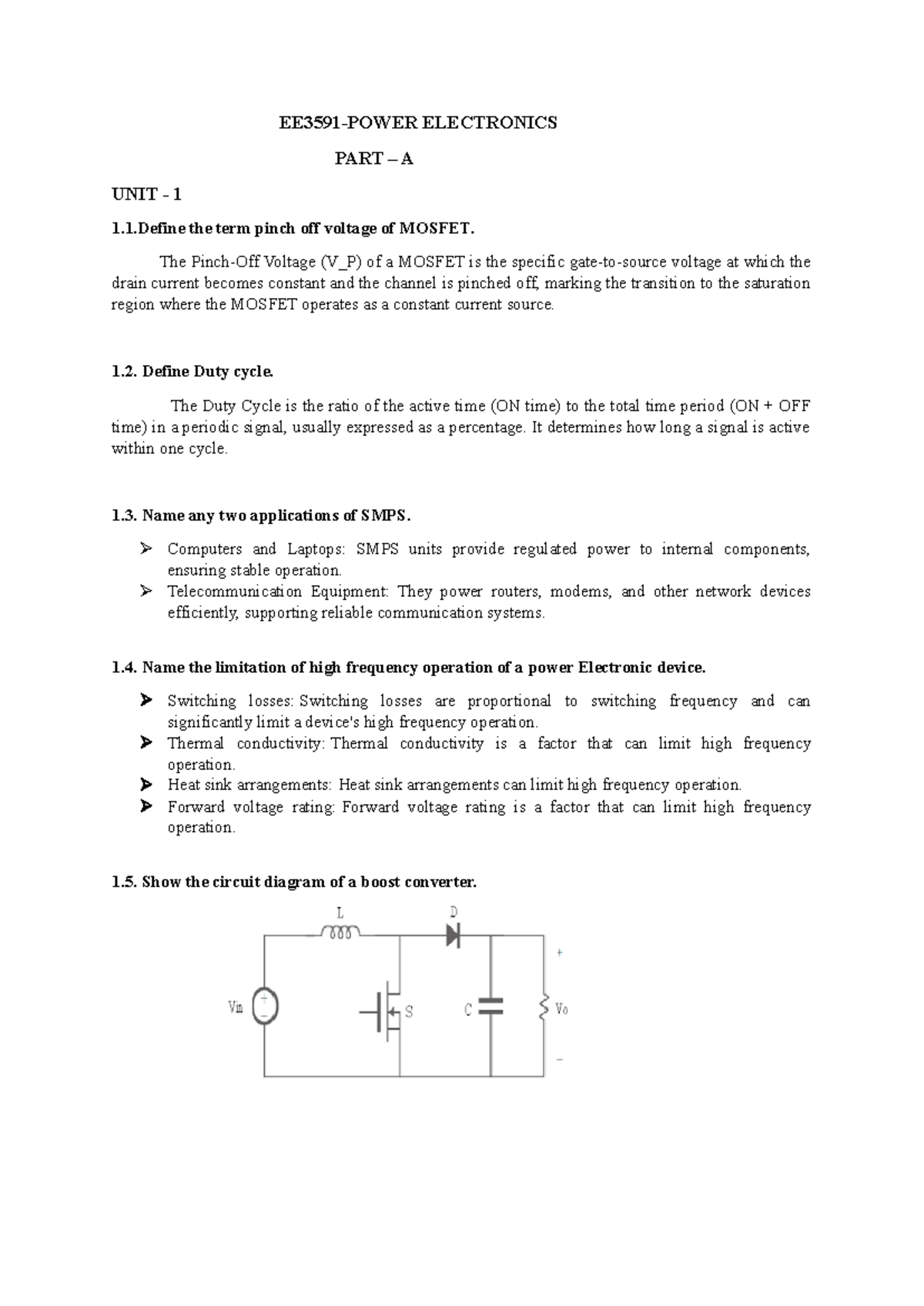 PE 2 MARK - PE 2 MARK - EE3591-POWER ELECTRONICS PART – A UNIT - 1 1.1 the term pinch off ...
