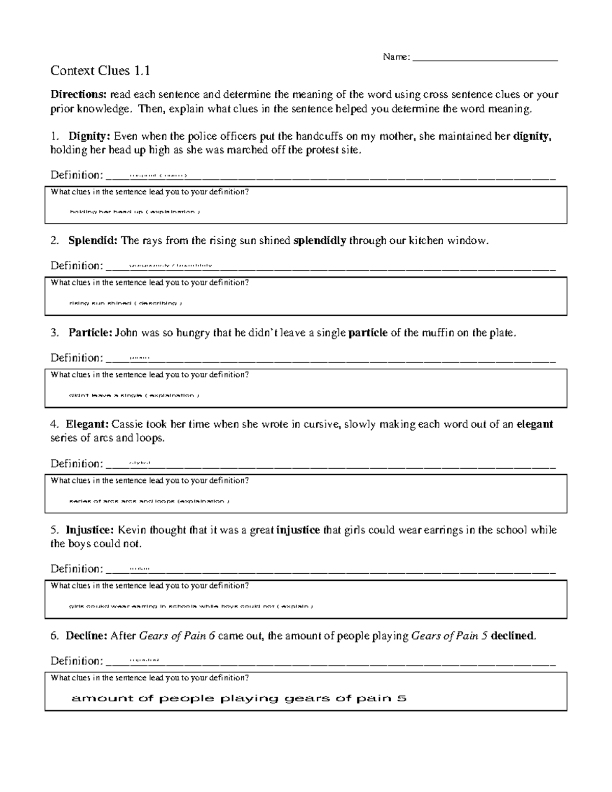 Context Clues 1.1: Understanding Word Meanings Through Sentences - Studocu