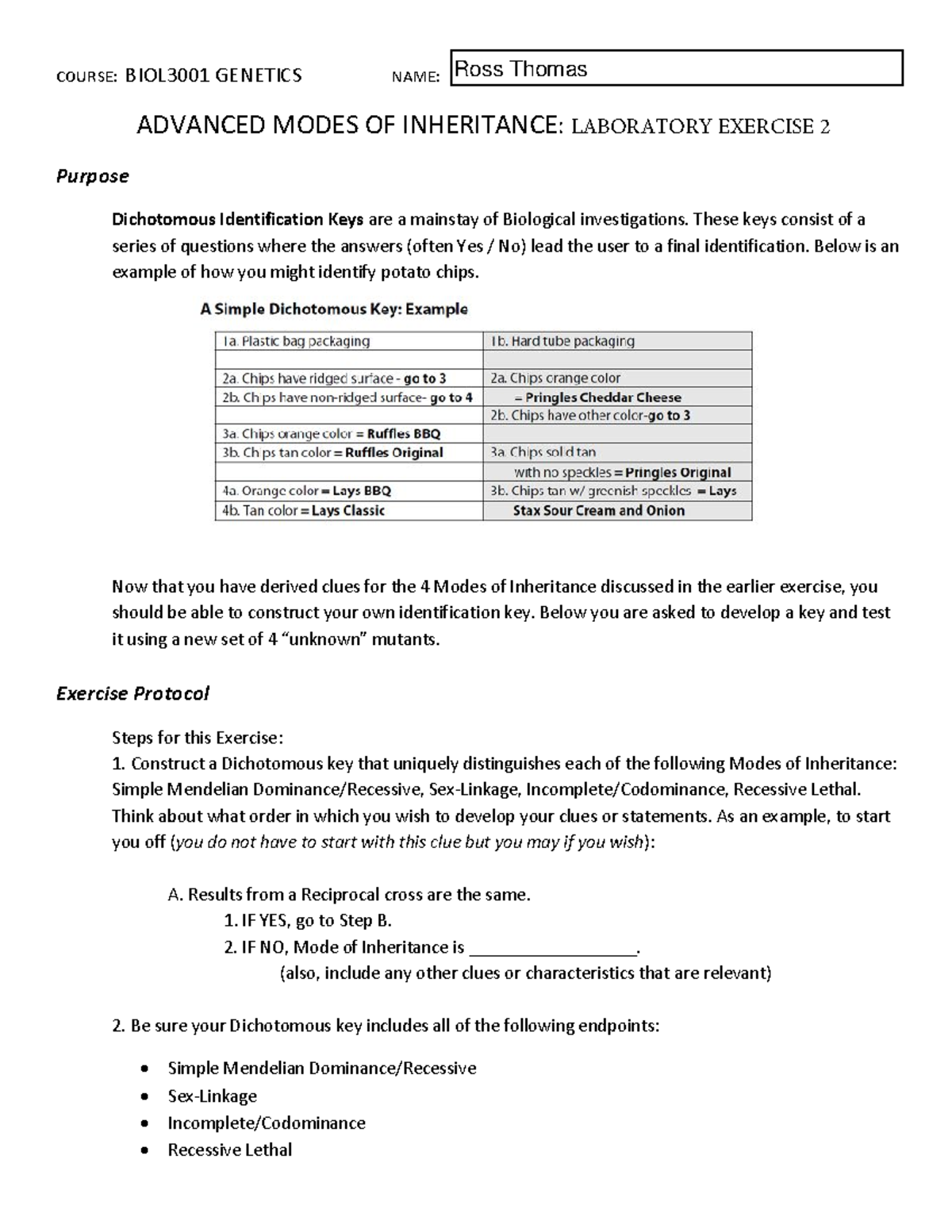 Advanced Modes of Inheritance - Exercise 2 DATA Sheet - COURSE: BIOL 3001 GENETICS NAME ...