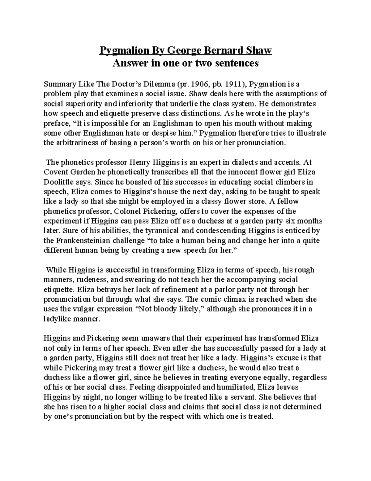 Pygmalion (ENG101) Final Exam Study Notes and Analysis - Studocu