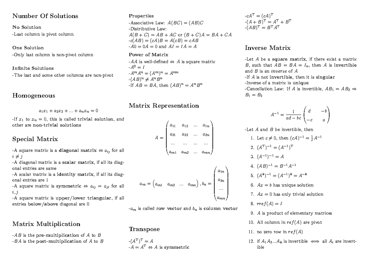 MA1522 Final Exam Comprehensive Cheatsheet on Matrix Theory - Studocu