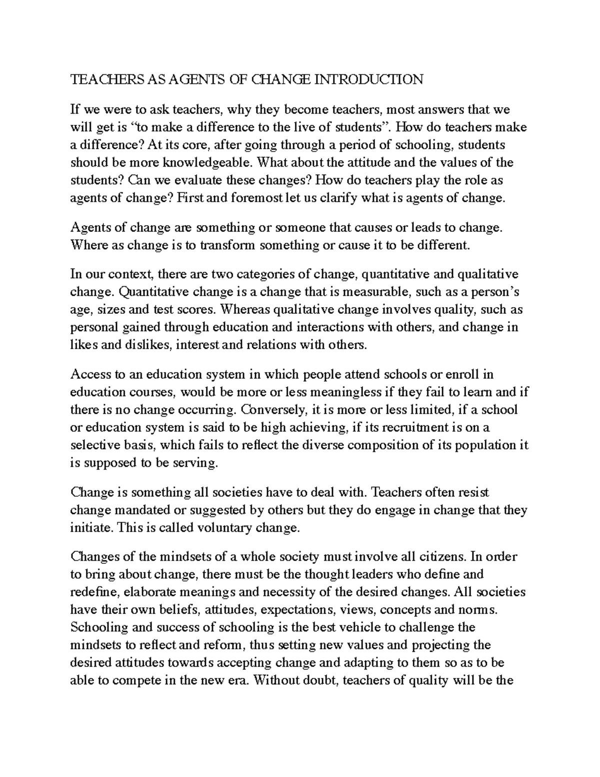 Teachers as Agents of Change: Driving Educational Transformation - Studocu