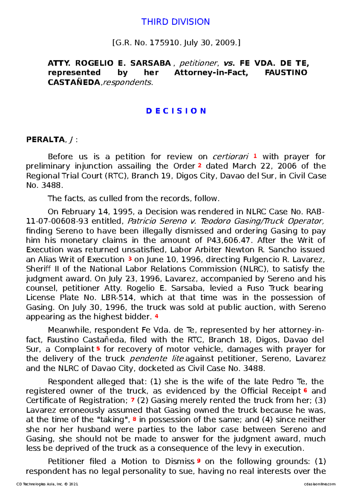 **G.R. No. 175910 - Legal Decision on Sarsaba v. Vda. de Te Case** - Studocu