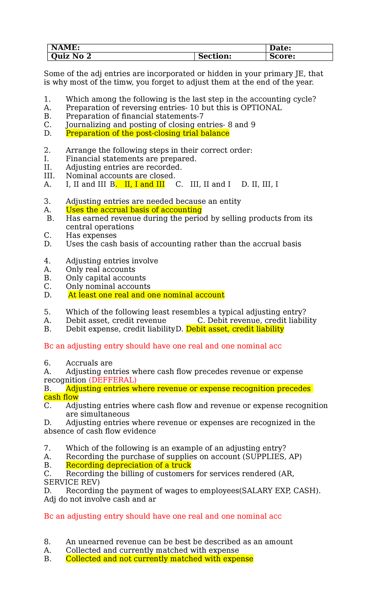 Quiz No. 2 - Focus on Adjusting Entries in the Accounting Cycle - Studocu