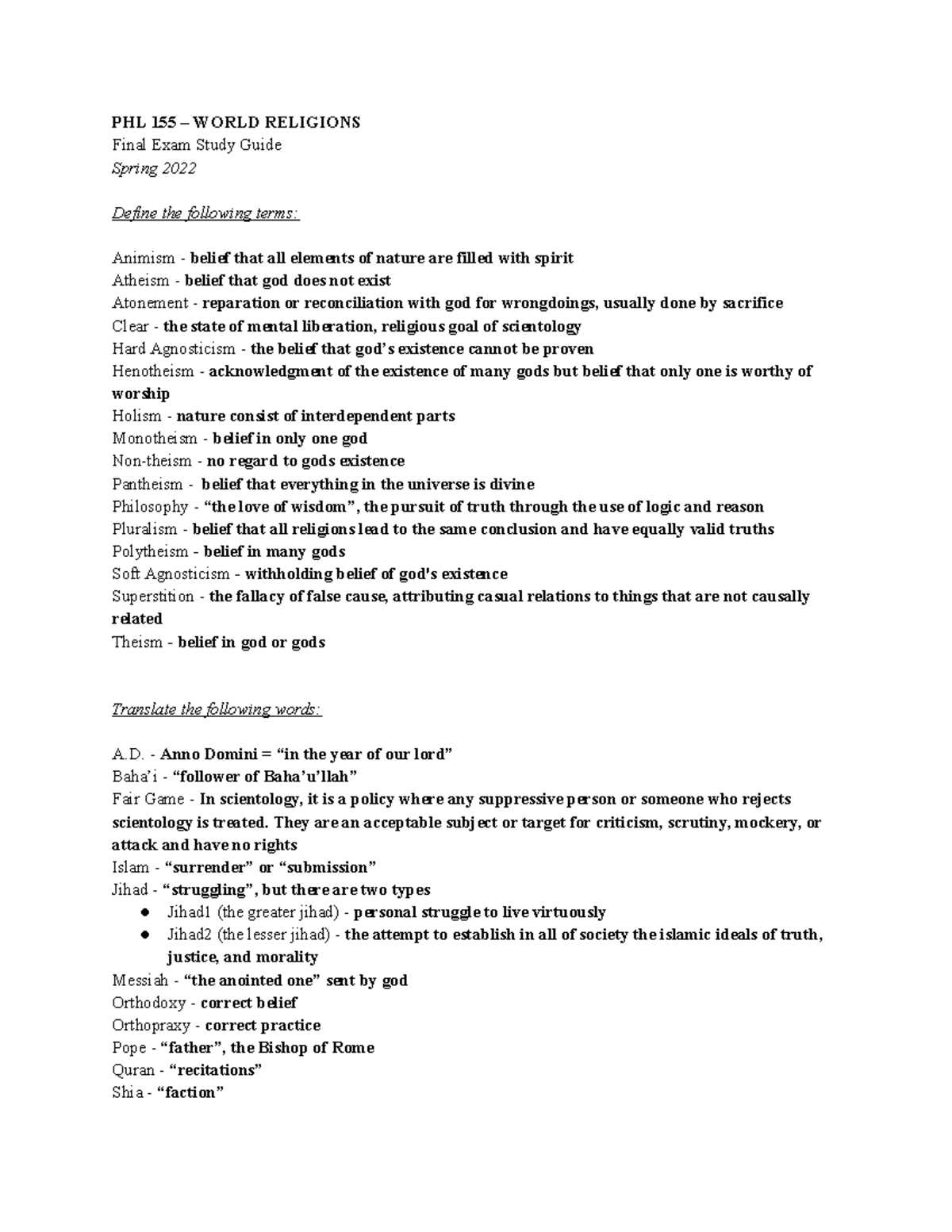 PHL 155 Final Exam Study Guide - World Religions Concepts - Studocu