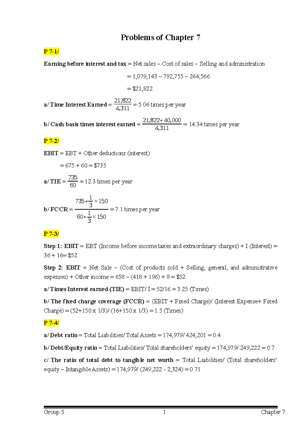 Group 5 Chapter 7 Financial Ratios and Analysis Problems - Studocu