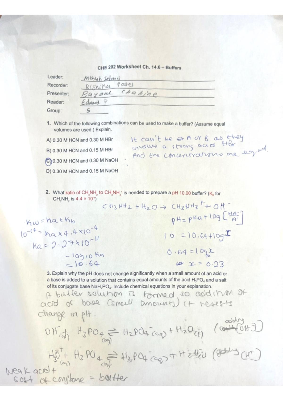 CHE 202 Worksheet - Buffers Practice Questions and Solutions - Studocu