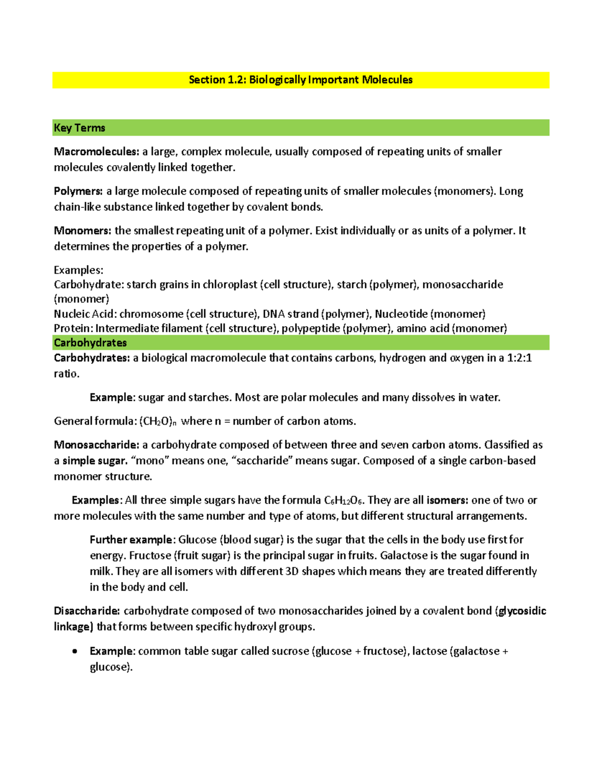 Section 1.2 Lecture Notes: Biologically Important Macromolecules - Studocu
