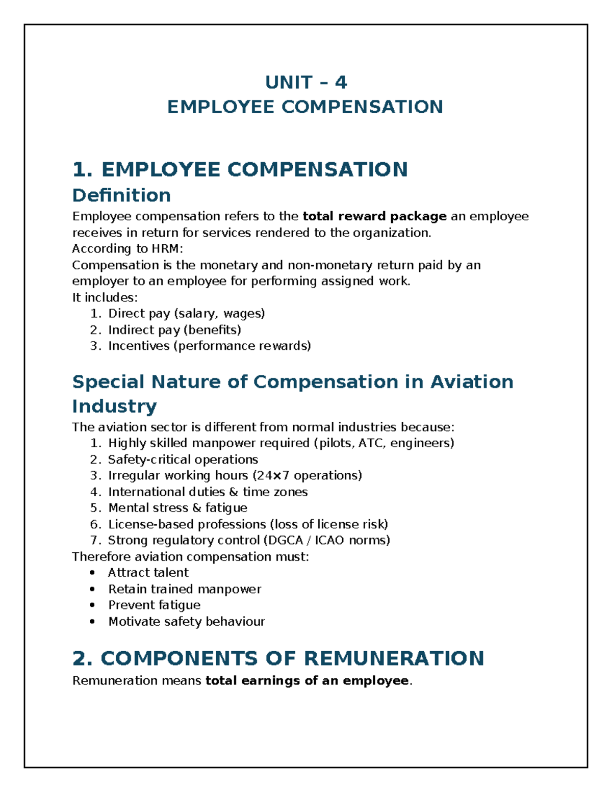 MBA Iyr UNIT-4 HRM: Employee Compensation in Aviation Industry - Studocu