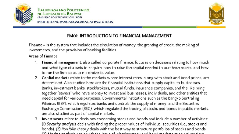 FM01: Overview of Financial Management Principles and Practices - Studocu