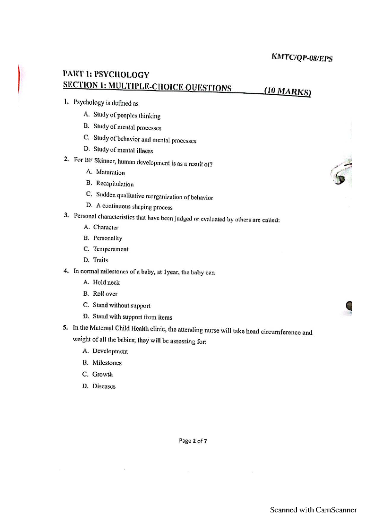 Psychology Sample Test: Questions for Part 1 (10 Marks) - Studocu