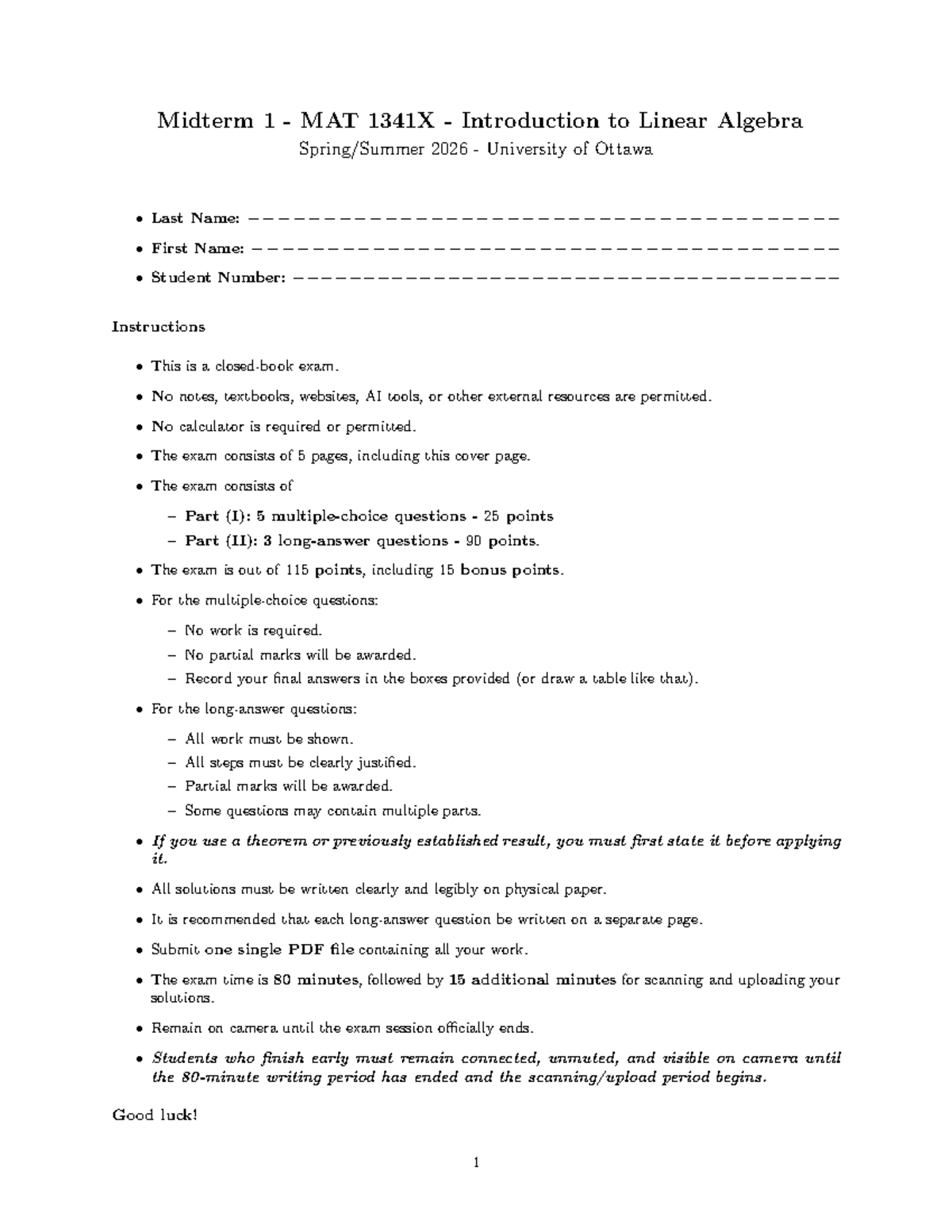 SOL - Midterm 1 Solutions for MAT 1341 - Linear Algebra - Summer 2026 ...