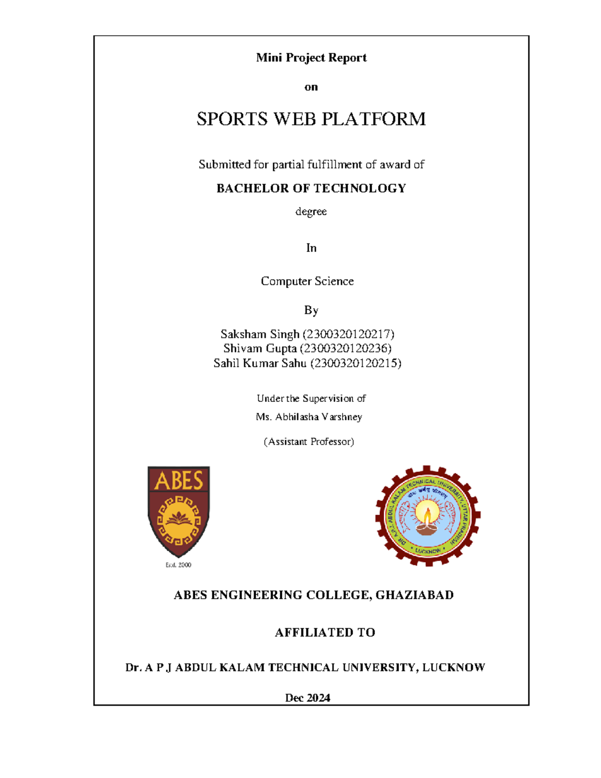 B.Tech Mini Project Report: Sports Web Platform (CSE 2024) - Studocu