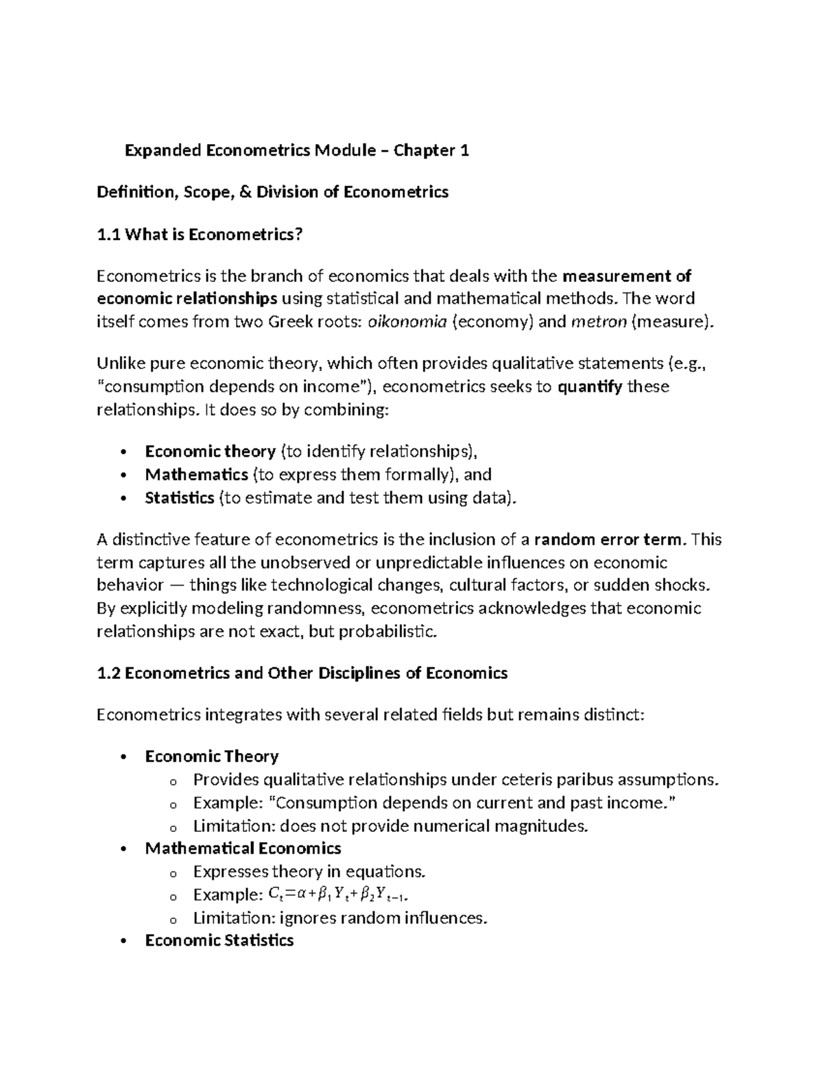 Expanded Econometrics Module: Chapter 1 - Definition, Scope, and Goals ...