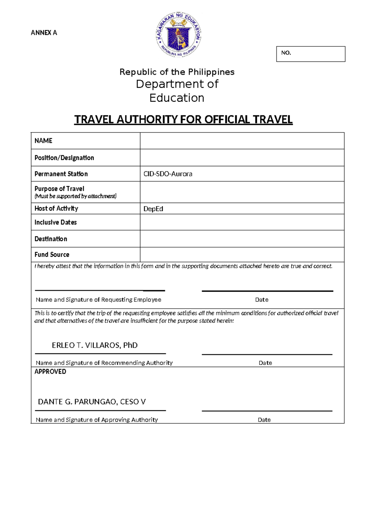 Travel Authority Form for Official Travel - DepEd - Studocu