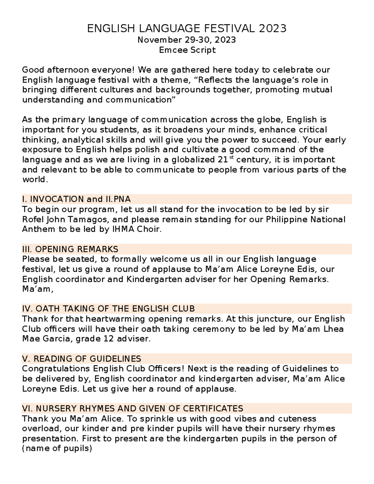 English Language festival 2023- Emcee Script - ENGLISH LANGUAGE ...